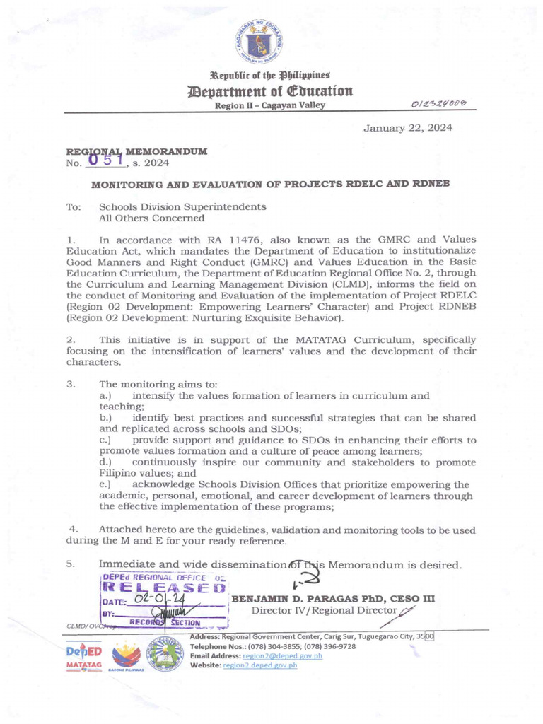 REGIONAL MEMORANDUM No. 051 S. 2024 MONITORING AND EVALUATION OF ...