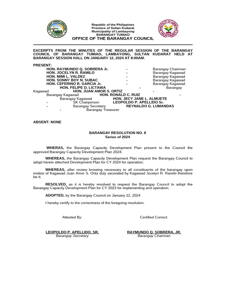 RESOLUTION BARANGAY CAPACITY DEVELOPMENT PLAN | PDF