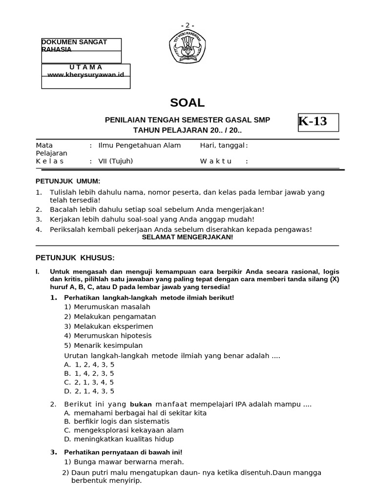2 - Soal PTS IPA Kelas 7 Ganjil - WWW - Kherysuryawan.id | PDF