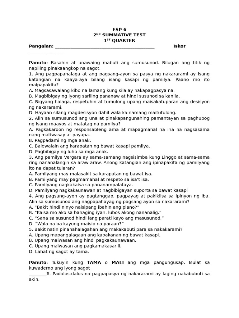 ESP 6_SUMMATIVE TRST NO. 2 | PDF