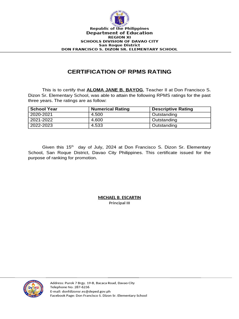 Certification of RPMS Rating | PDF