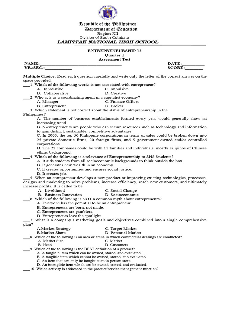Quarter 1-Entrep Exam | PDF
