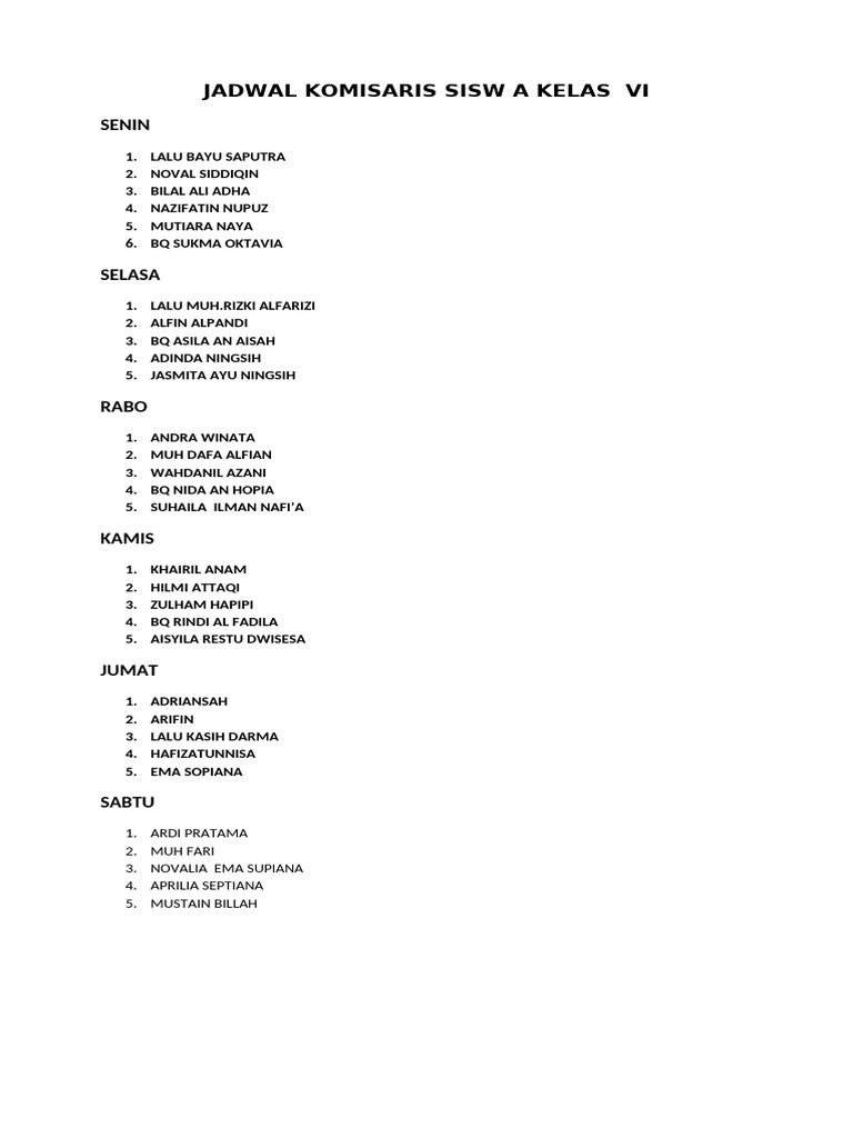 Jadwal Komisaris Sisw A Kelas Vi Pdf
