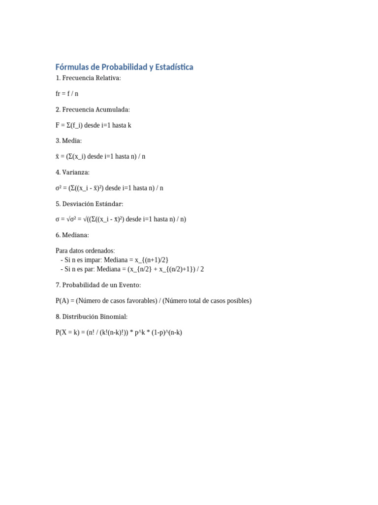 Formulas Probabilidad Estadistica | PDF