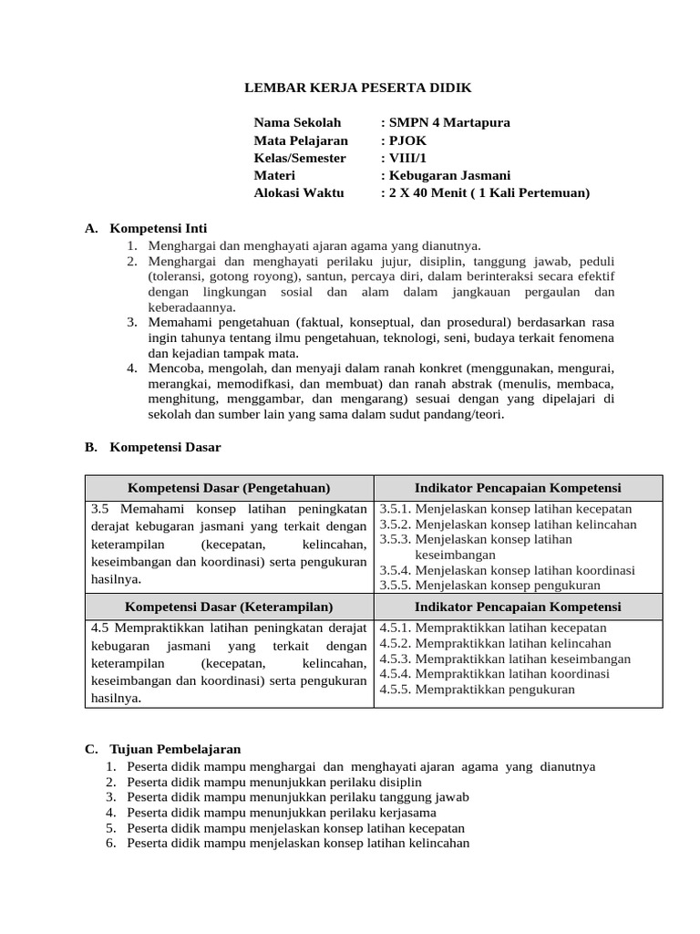 Lembar Kerja Peserta Didik Kebugaran Jasmani | PDF