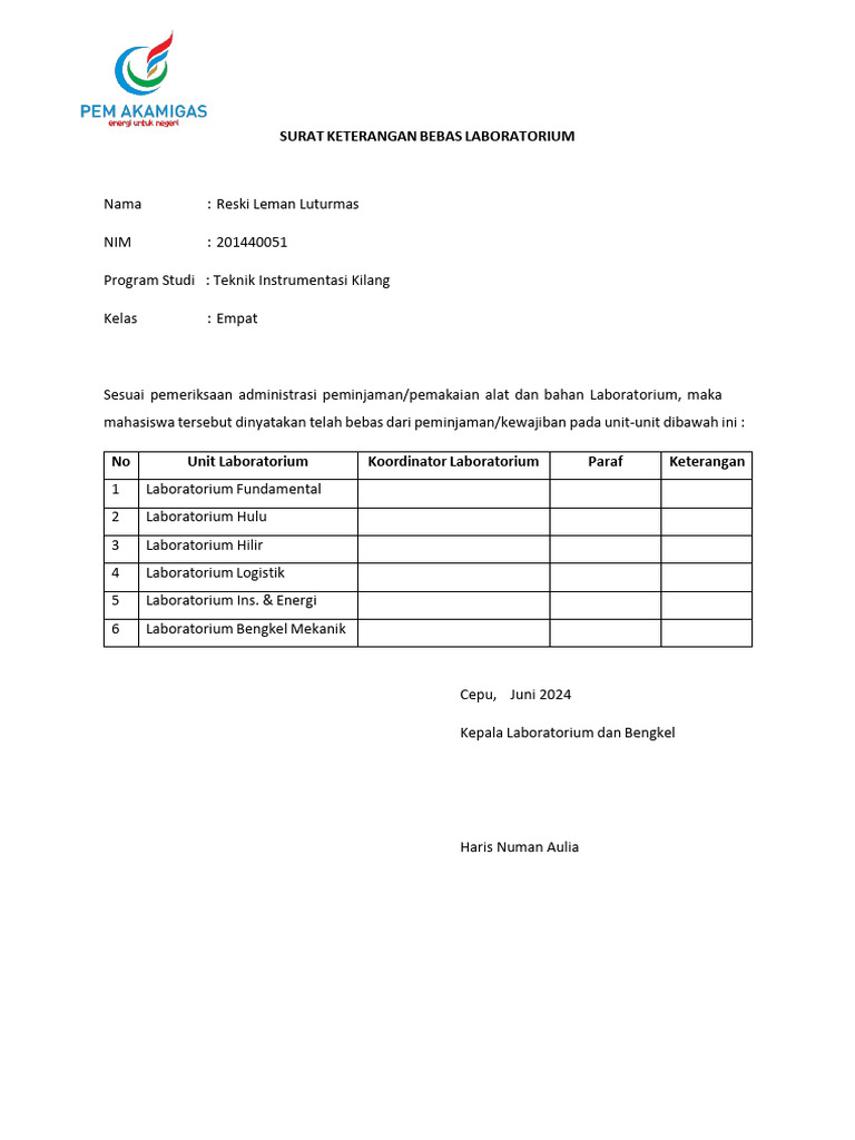 Surat Keterangan Bebas Laboratorium | PDF