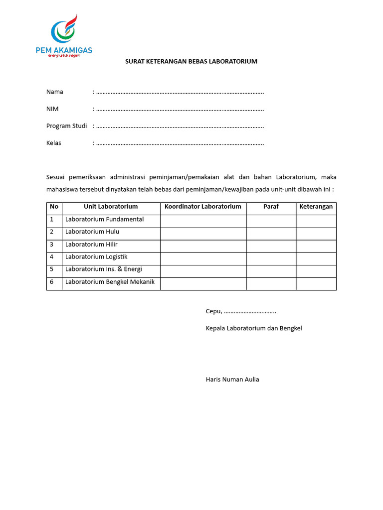 Surat Keterangan Bebas Laboratorium | PDF