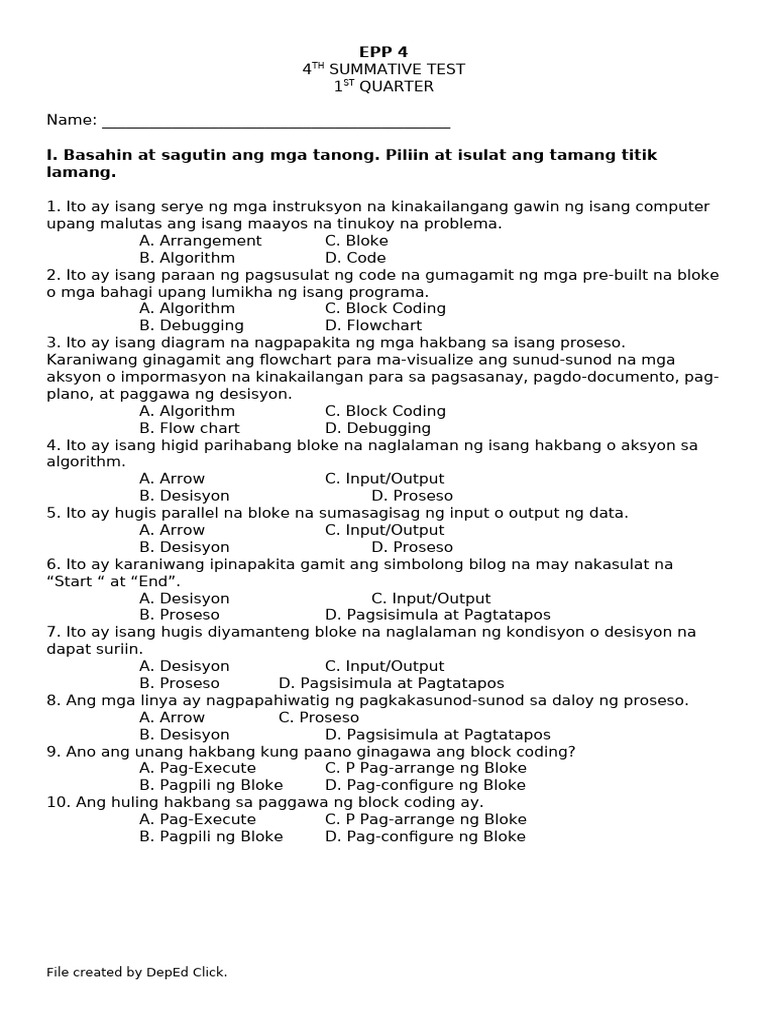 EPP4_ST4_Q1_MATATAG | PDF