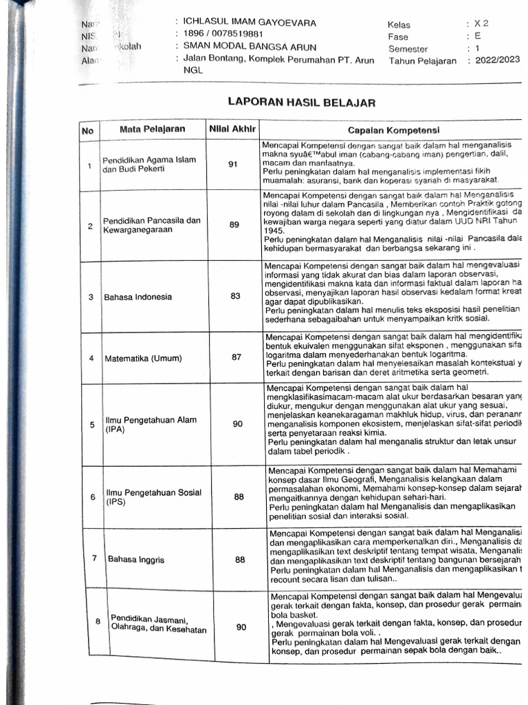 Nilai Rapor semester 1 part 1 | PDF