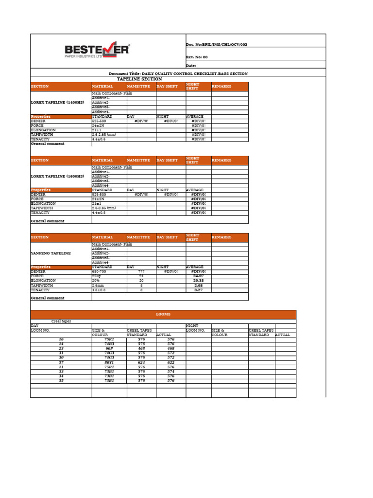 BPIL 003 Daily Quality Control Checklist Bags Section | PDF