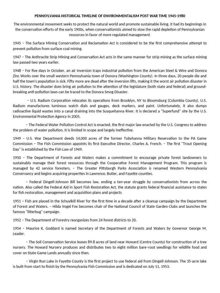 Pennsylvania Historical Timeline of Environmentalism Post War Time 1945 ...