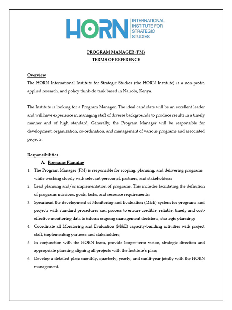 Program Manager Terms of Reference | PDF
