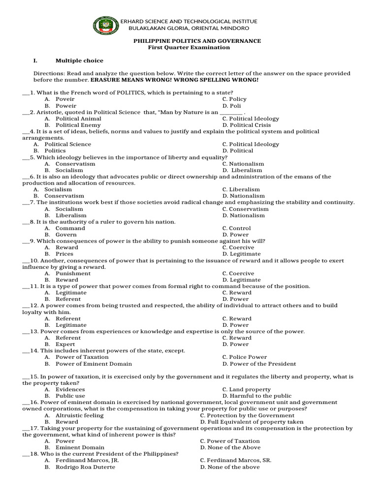 PPG 1st Quarter Exam Humss11 | PDF | Liberalism | Ideologies