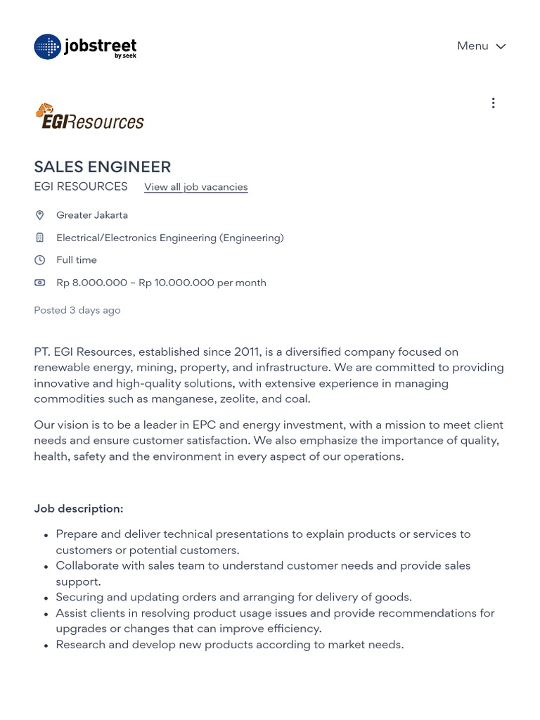 SALES ENGINEER Job in Jakarta Raya - Jobstreet | PDF