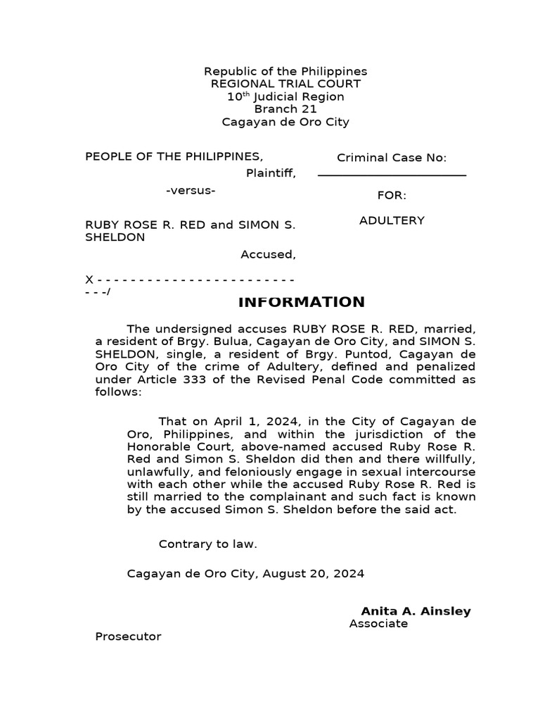 Criminal Information For Adultery - Assignment | PDF | Law