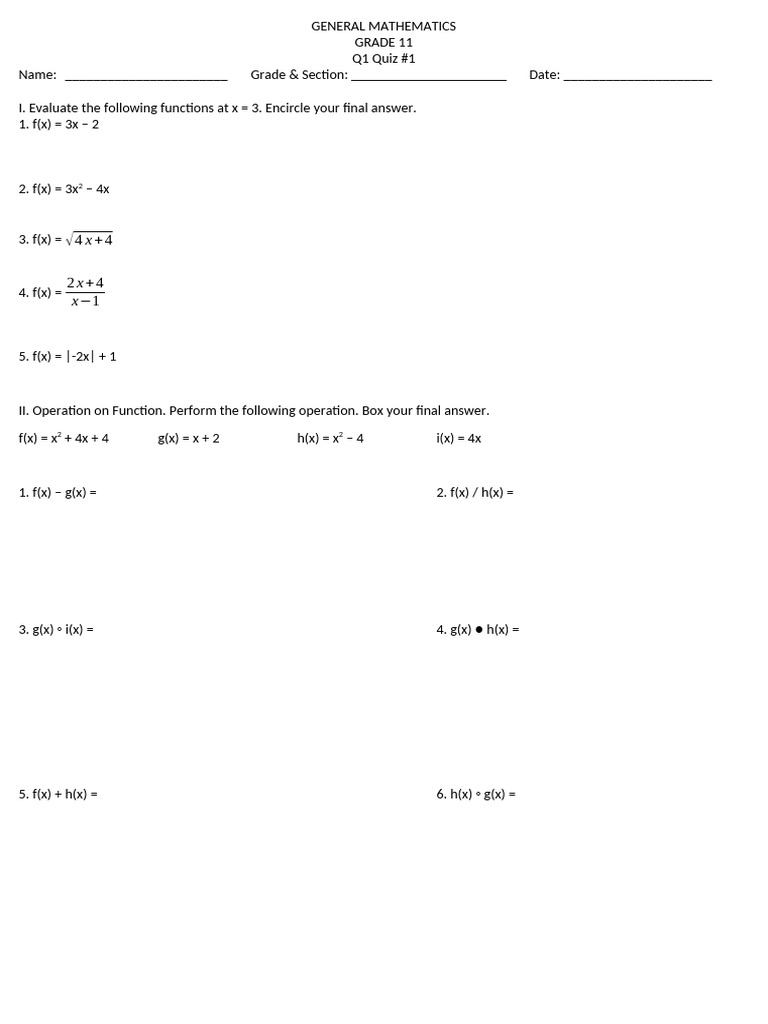 Gen Math Q1 Quiz 1 | PDF