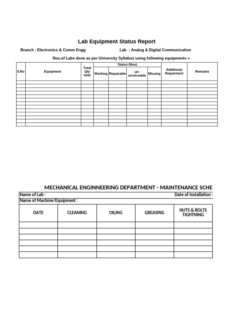 Lab Equipment Status Format | PDF