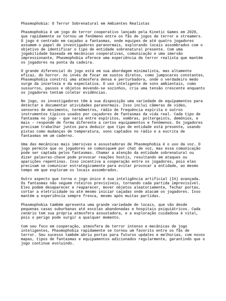 Phasmophobia O Terror Sobrenatural | PDF
