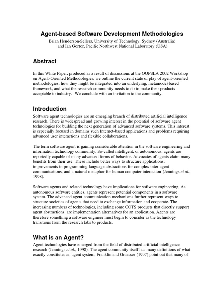 Agent Based Software Development Methodologies Pdf Object Oriented Programming Software