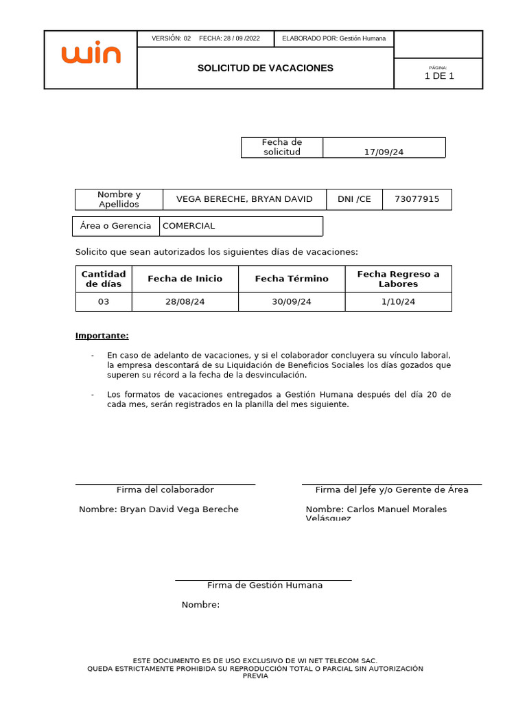 Formato de Vacaciones EDITABLE | PDF