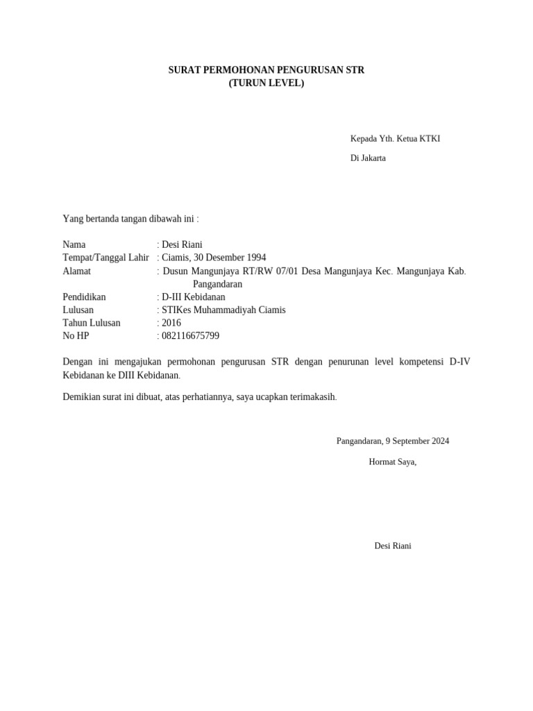 Contoh Surat Permohonan STR Turun Level | PDF
