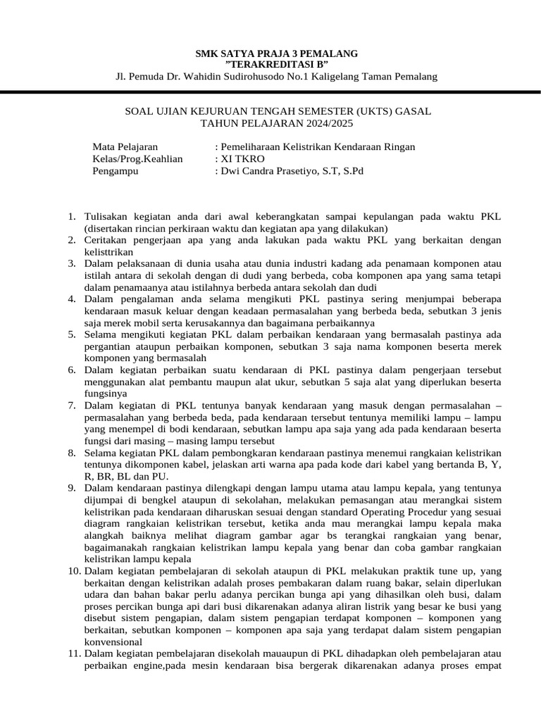 SOAL Kejuruan Prakerin GASAL PKLKR 202425 | PDF