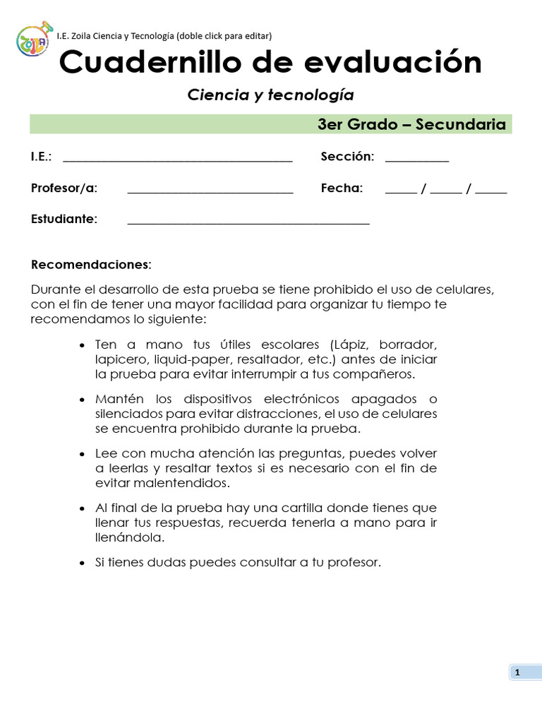 (PDF) Cuadernillo de Evaluación 3ro Grado - Ciencia y Tecnología (Con ...