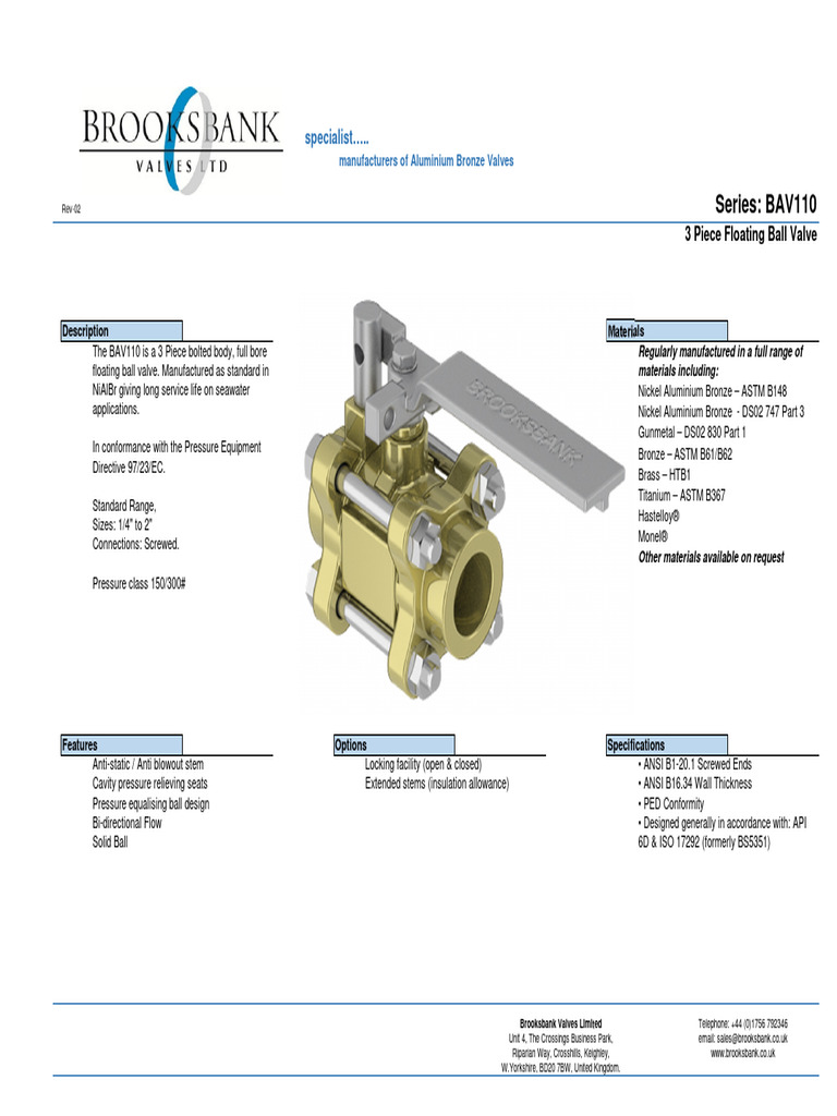 3pc Bolted Body FB Ball Valve (v2) - BAV110 - Brooksbank Valves | PDF ...