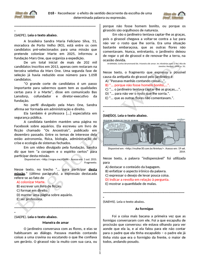 D18 (3 Série - Ens. Médio - L.P - BLOG Do Prof. Warles) | PDF