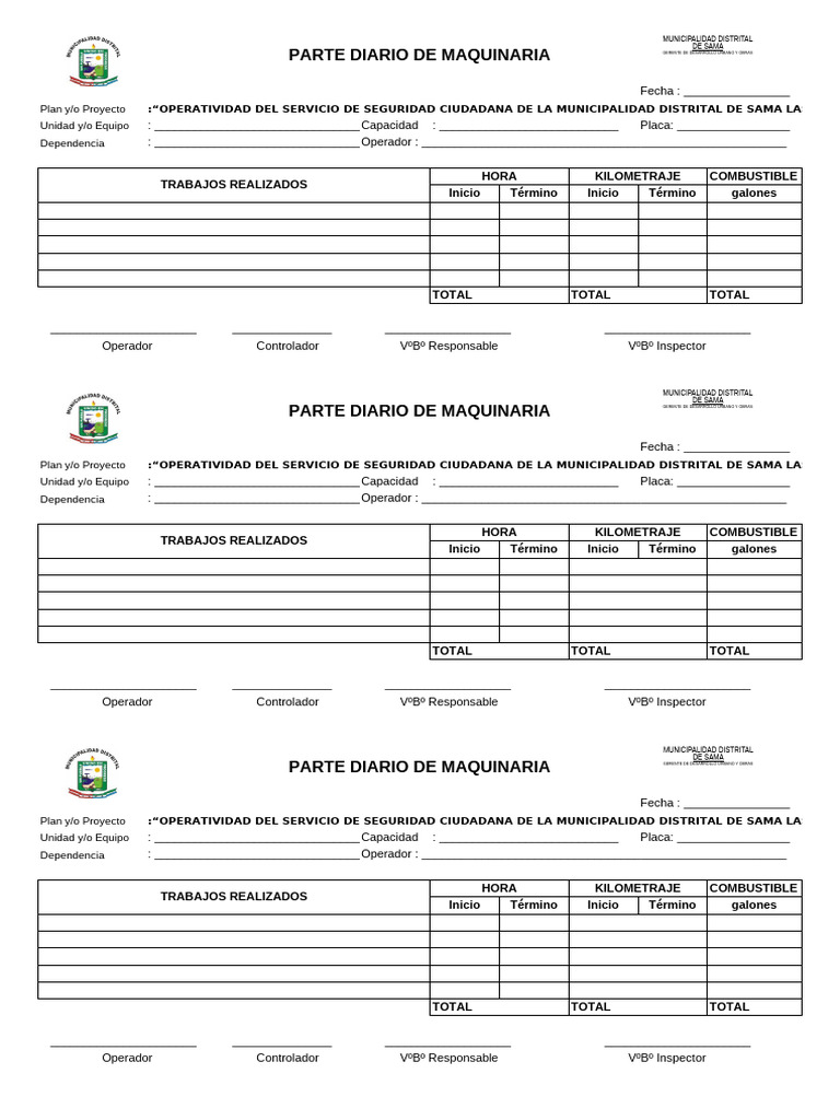 Formato de Parte Diario MDS Maquinaria | PDF