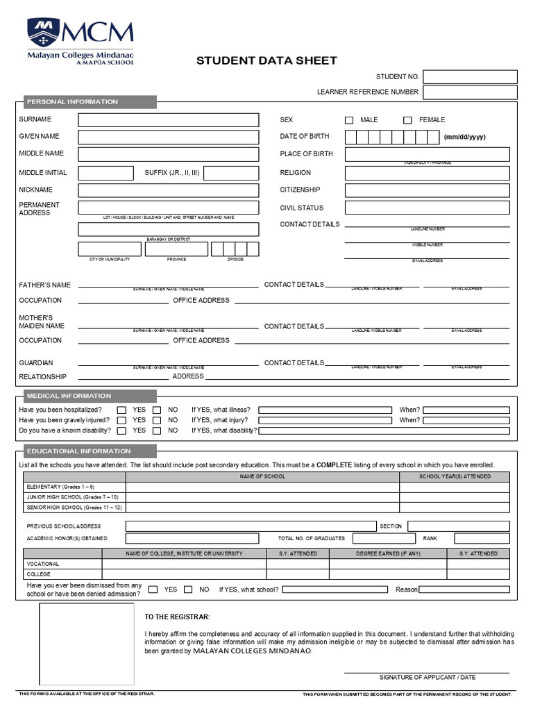 MCM Ocr 002b Student Data Sheet | PDF