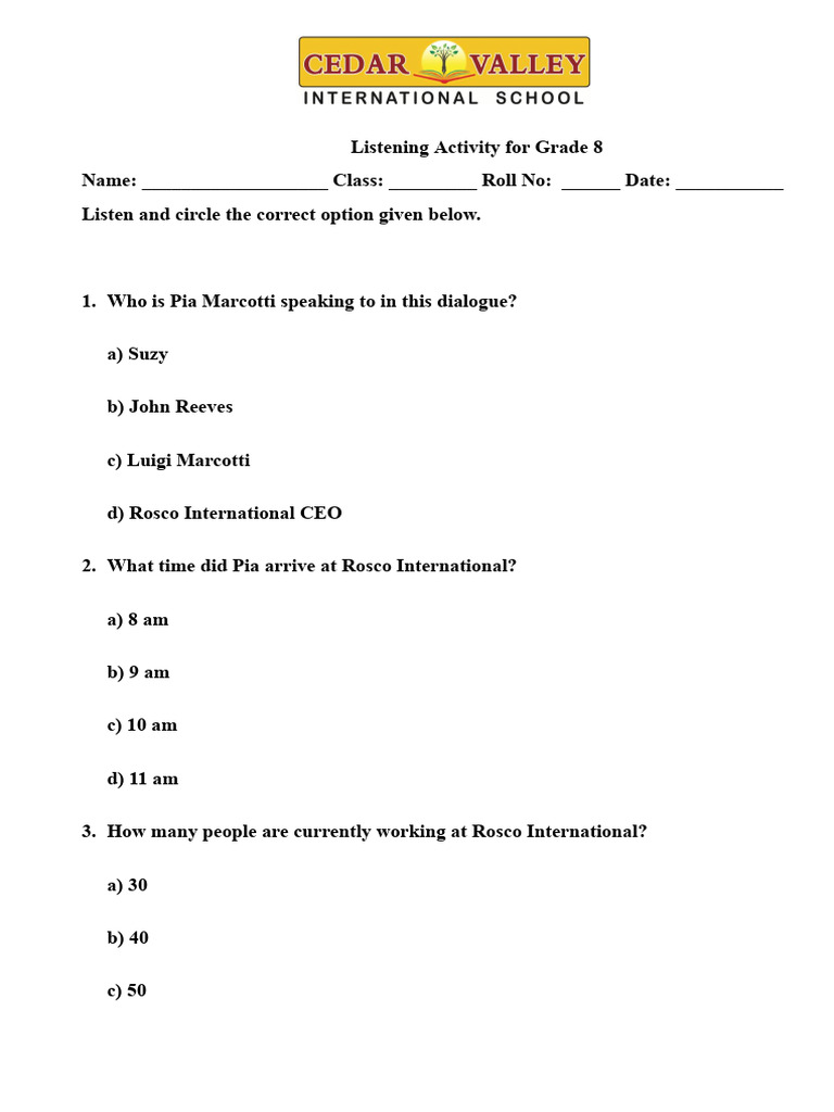 Grade 8 Listening Activity: Pia Marcotti | PDF | Games & Activities