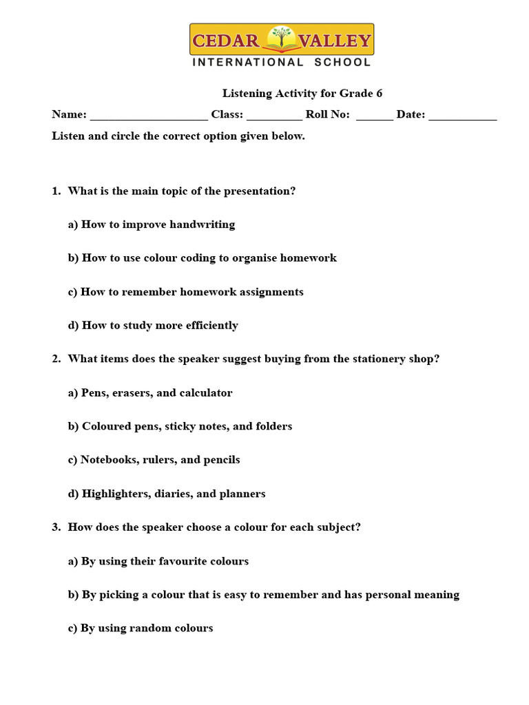 Grade 6 Listening Activity | PDF