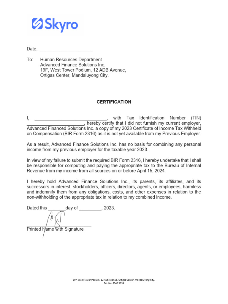 2316 Waiver With Previous Employer | PDF