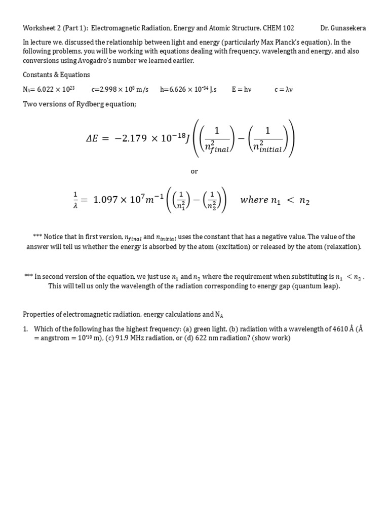 02 WS02 Part 1 EMR Waves Rydberg Plank Bohr Model Chapter 2 Zumdahl ...