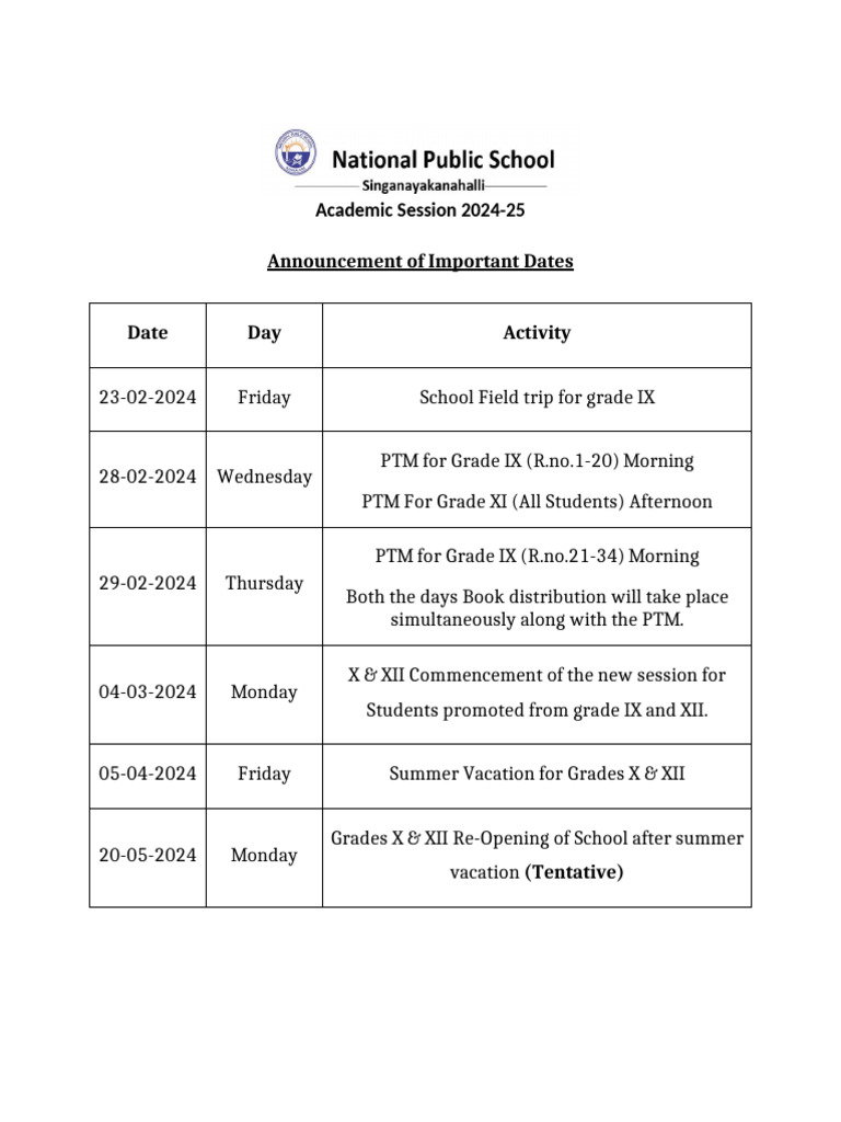 Important Dates X & XII 2024-25 | PDF