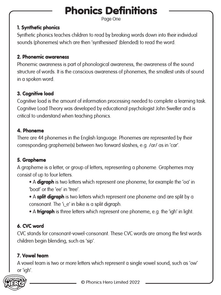 Phonics Definitions Cheat Sheet | PDF