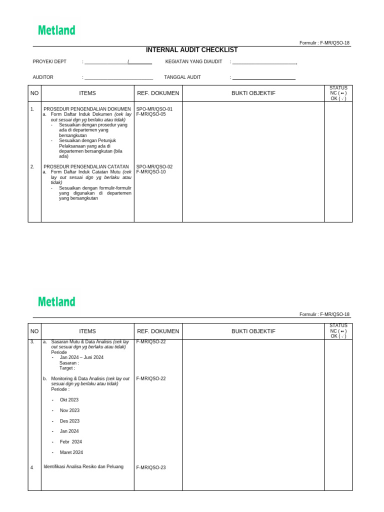 001 AMI CHECKLIST Dokumen Mutu N Catatan All Dept | PDF