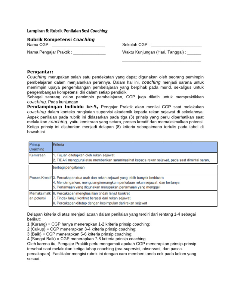 Lampiran 8 Rubrik Penilaian Coaching - PI 5 | PDF