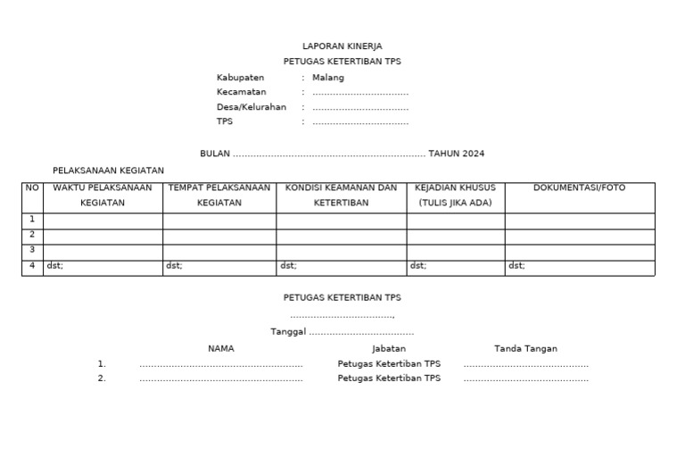(Template) Laporan Kinerja Petugas Ketertiban TPS | PDF