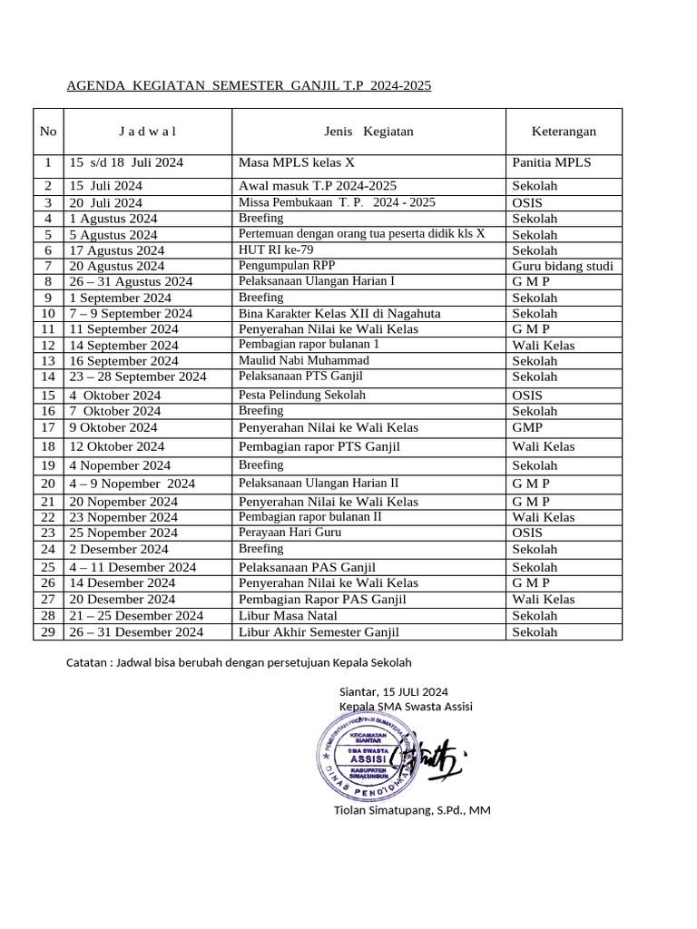Agenda Kegiatan Semester Ganjil 2024-2025 | PDF