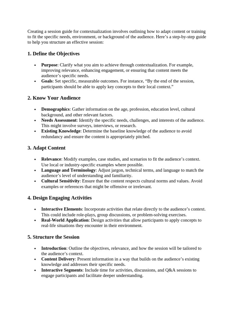 Creating A Session Guide For Contextualization Involves Outlining How ...