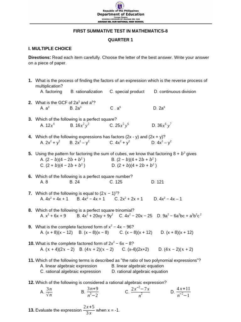 First Summative Test in Mathematics 8 | PDF