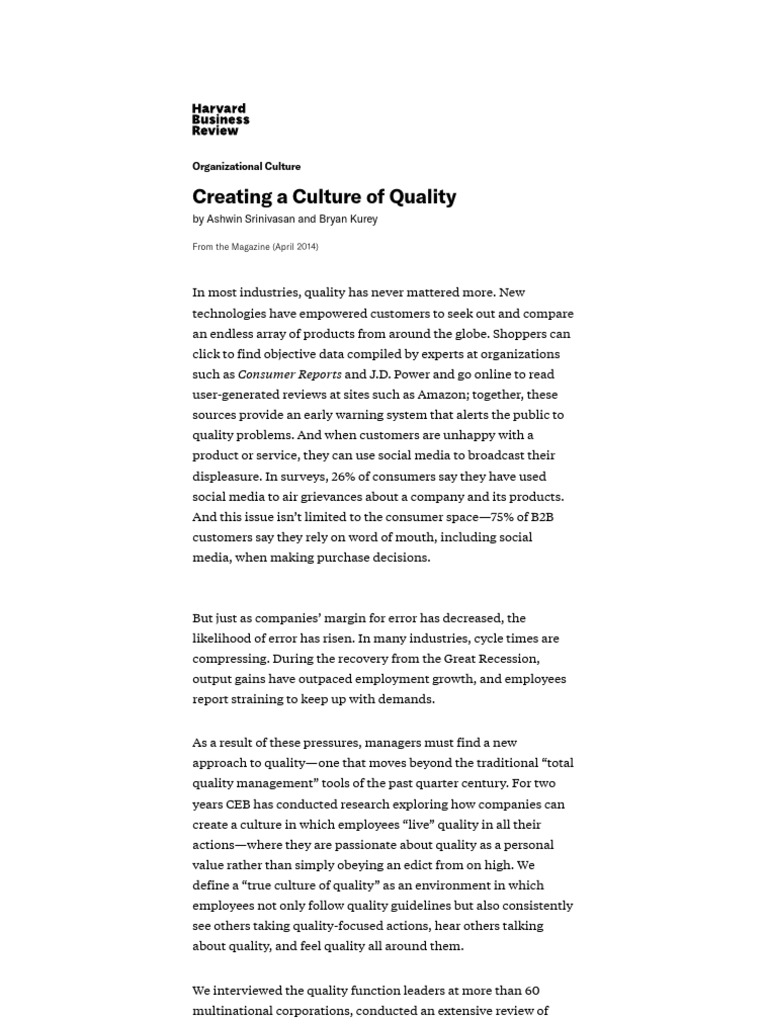 Creating A Culture of Quality | PDF