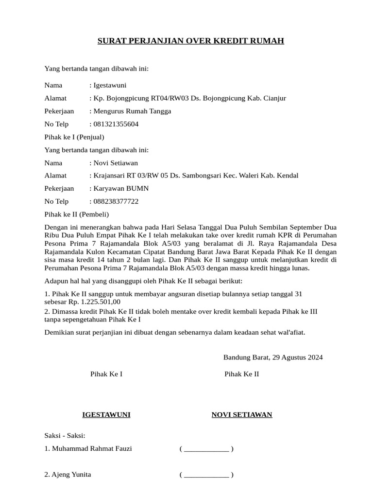 Surat Perjanjian Over Kredit PP7 | PDF