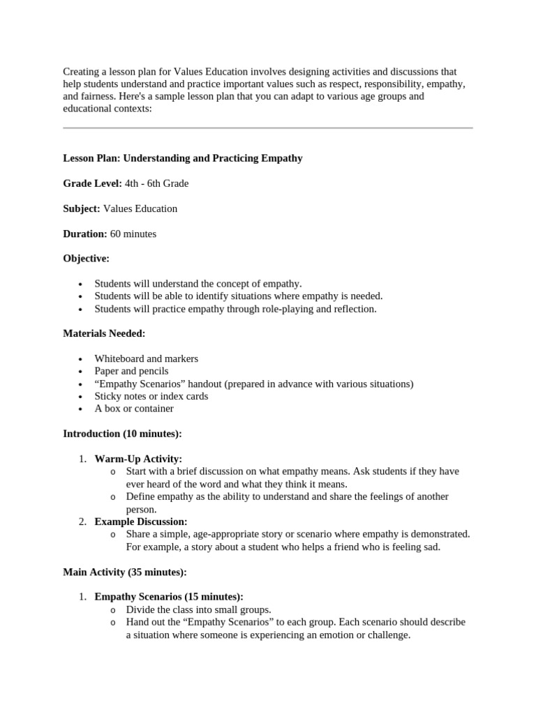 Lesson Plan: Understanding and Practicing Empathy Grade Level: Subject ...