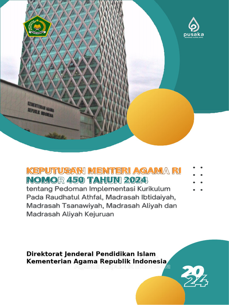 Surat Pengantar Dan KMA 450 Tahun 2024 Pedoman Implementasi Kurikulum PD RA MI MTs MA Dan MAK | PDF