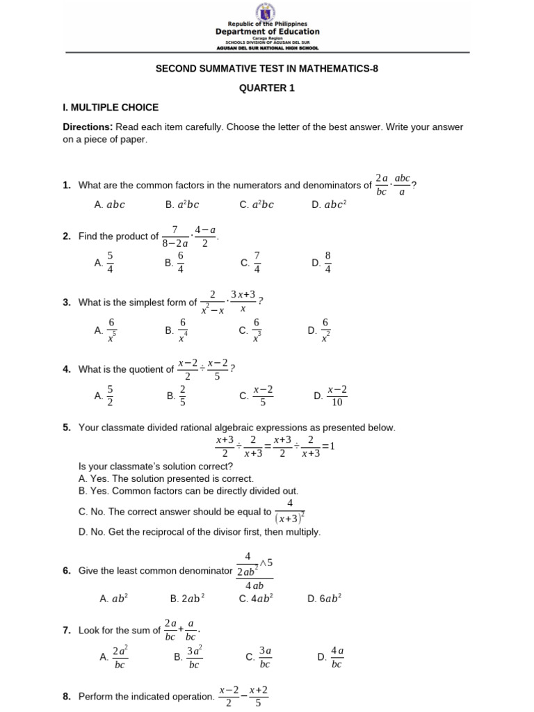 Second Summative Test in Mathematics | PDF
