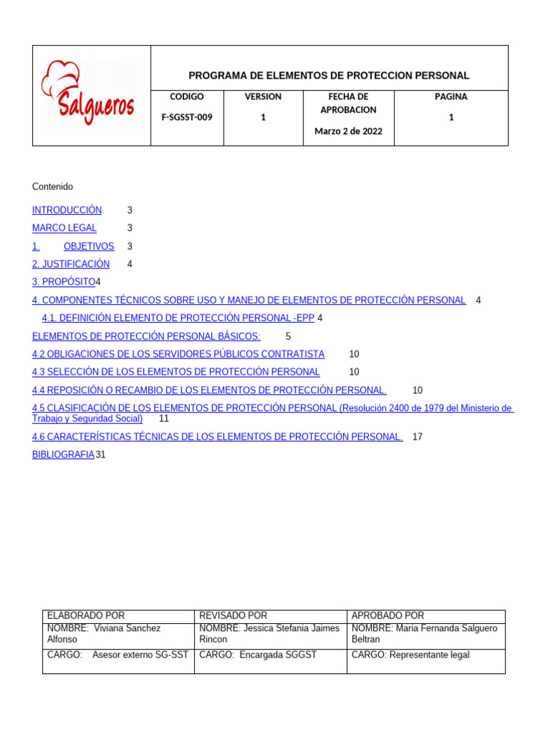 PROGRAMA DE ELEMENTOS DE PROTECCION PERSONAL | PDF