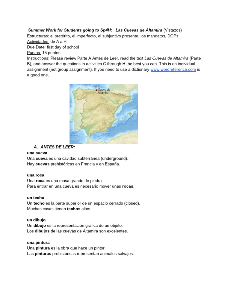 Summer Work For Students Going To Spanish4H - Las Cuevas de Altamira | PDF